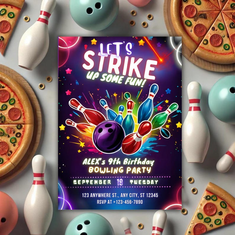 Editable Neon Bowling Birthday Invitation (digital Download) - Etsy