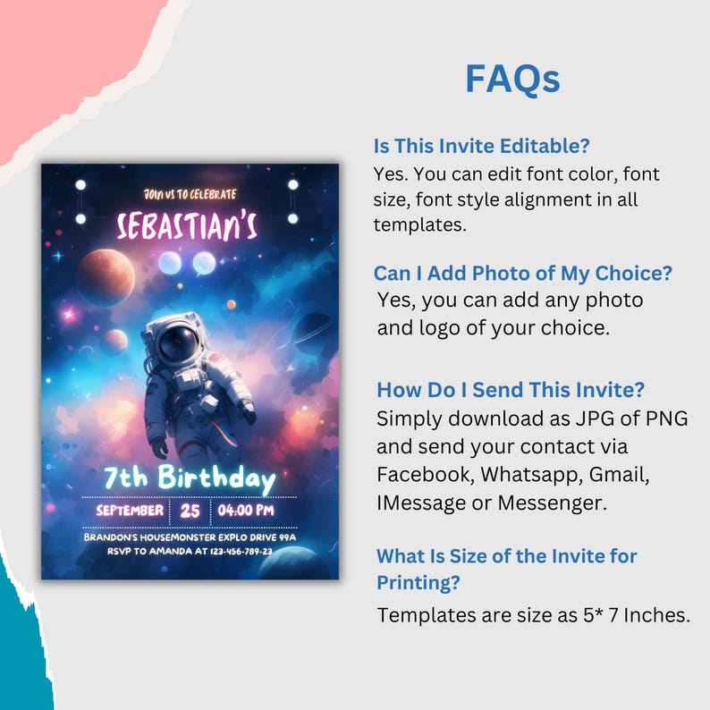 Editable Outer Space Birthday Invitation, Outerspace Invite Astronaut ...
