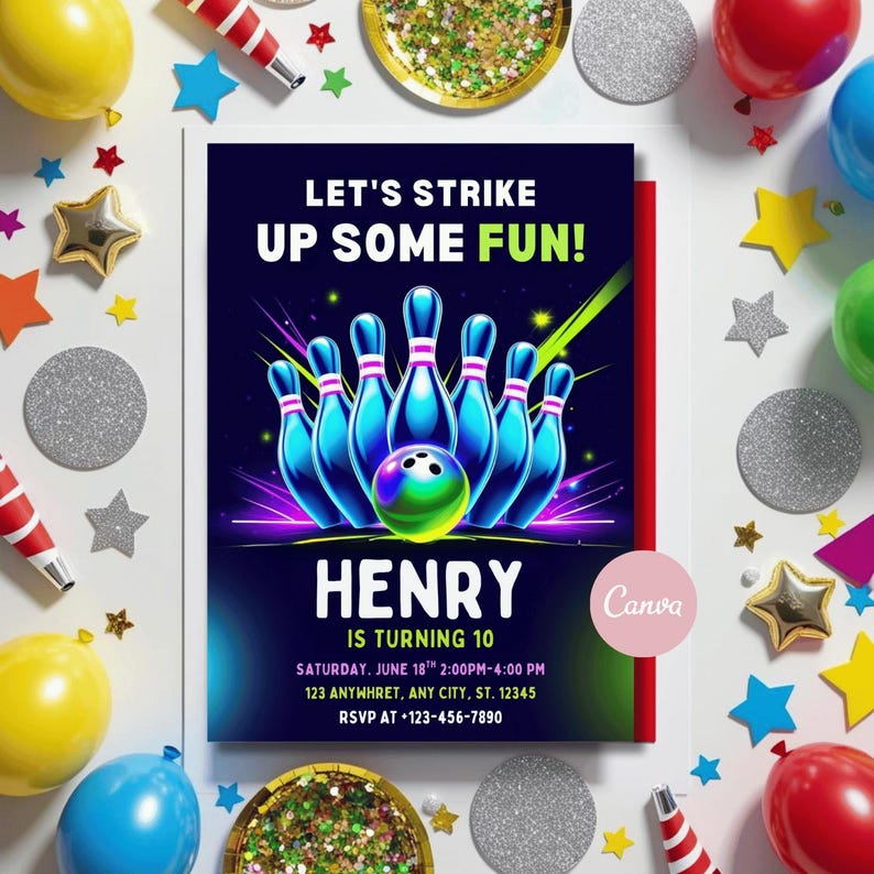 Neon Bowling Birthday Invitation, Editable Glow Party Invite (digital ...