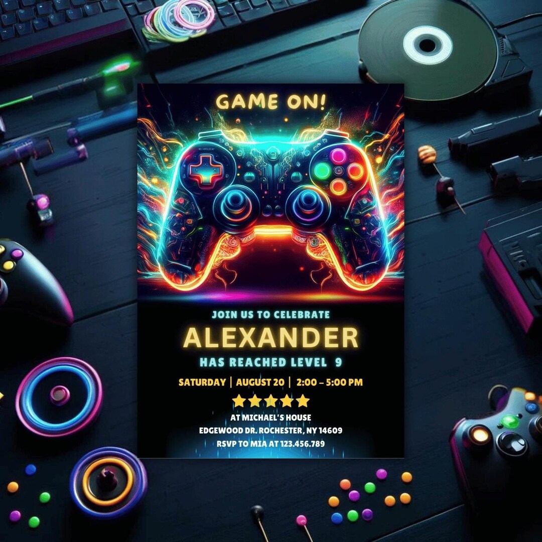EDITABLE Video Game Birthday Party Invitation Neon Video Game Party ...