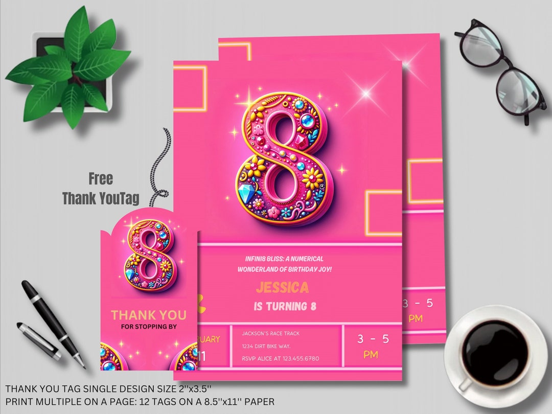 Editable Pink 8th Birthday Invitation, Glitter Rainbow Theme (digital ...