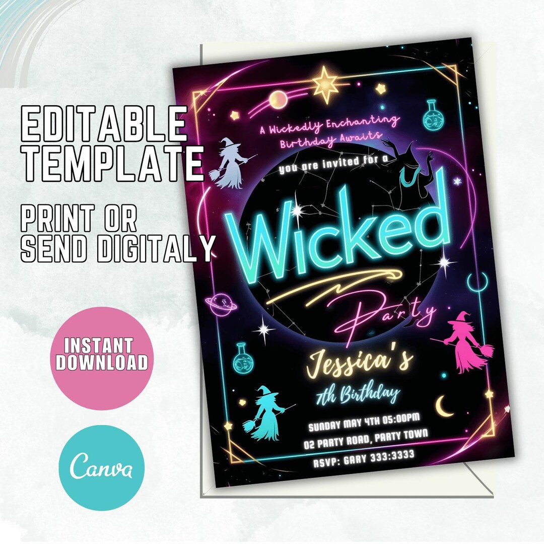 Wicked Birthday Invitation, Neon Witch Party, Editable Movie Ticket ...