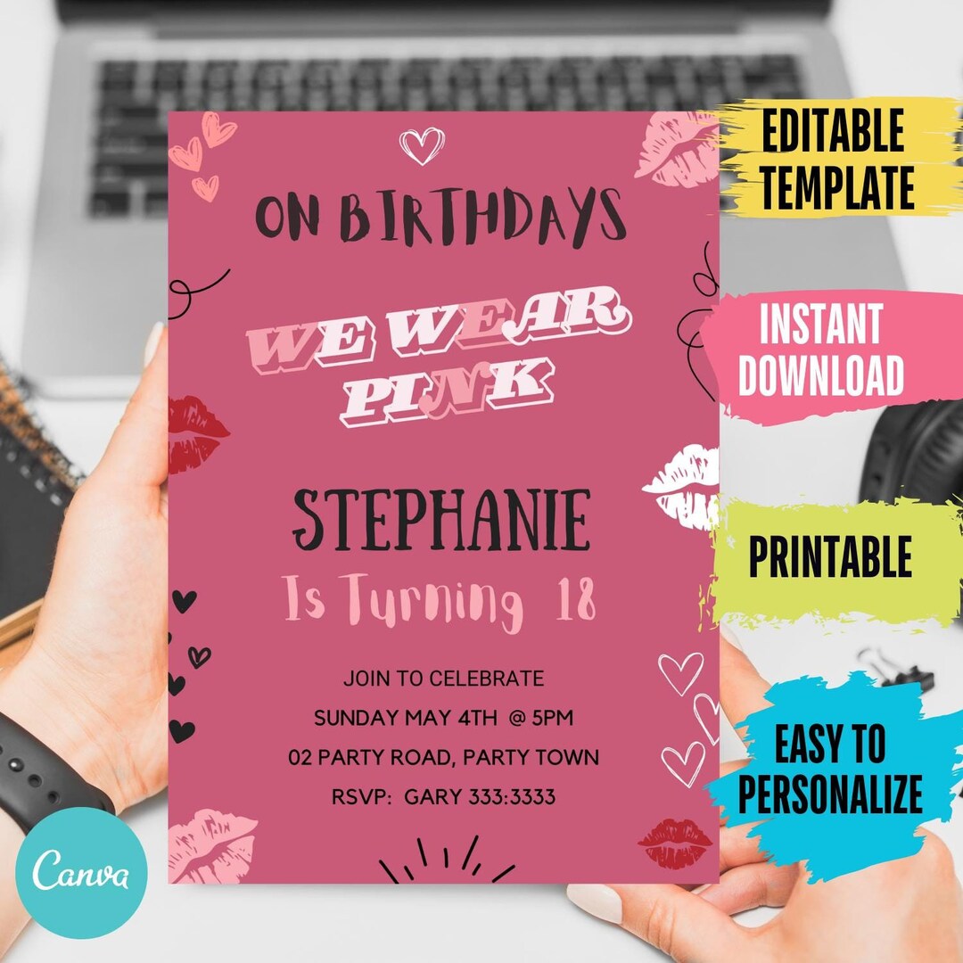 Editable Girls Inspired Birthday Party Invitation, We Wear Pink Party ...