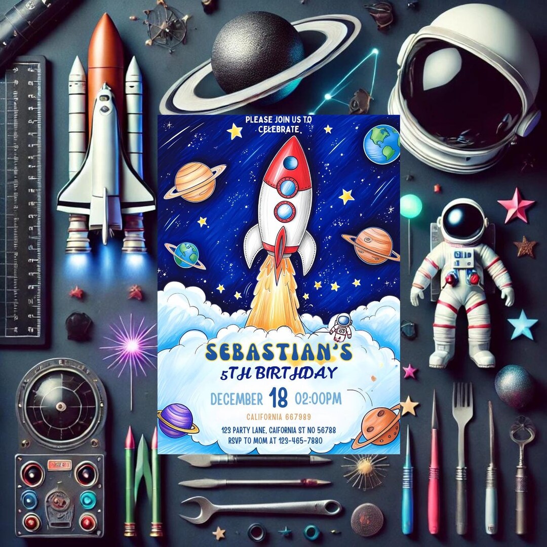 Editable Outer Space Birthday Party Invitation Template, Planets Rocket ...