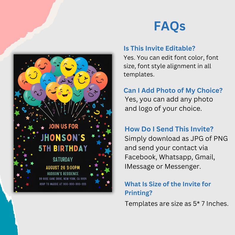 Editable Smiley Invitation, Let's Party Smiley Face Birthday Invitation ...