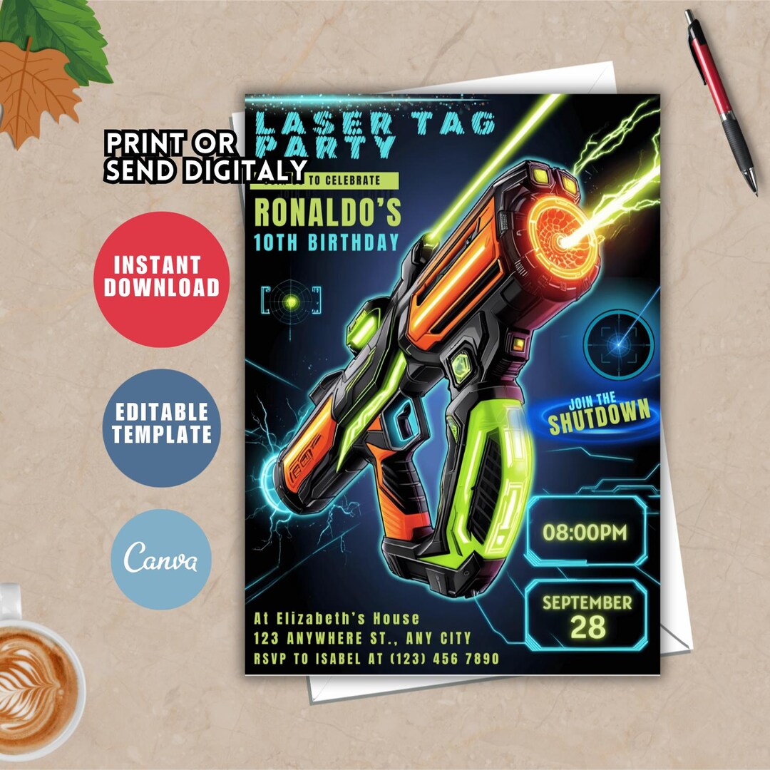 Editable Laser Tag Party Invitation, Neon Birthday Party Invite, Glow ...