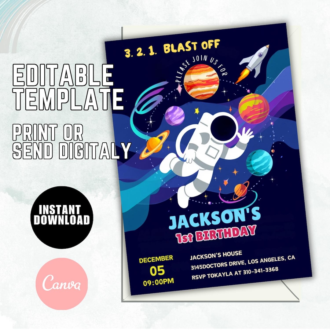 Editable Outer Space Birthday Invitation Template, Planets Rocket Ship ...