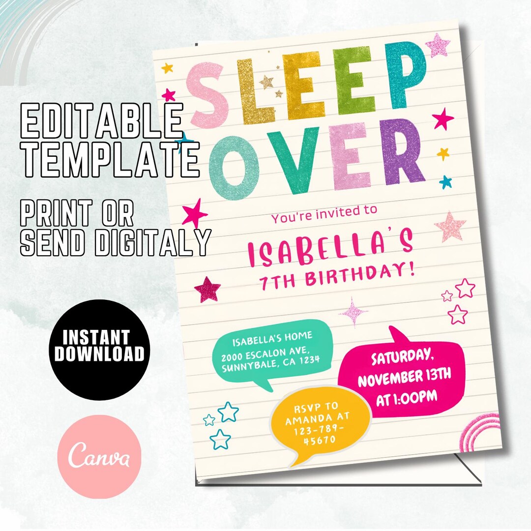 Sleepover Birthday Invitation, Editable Girl Sleepover Party, Slumber ...