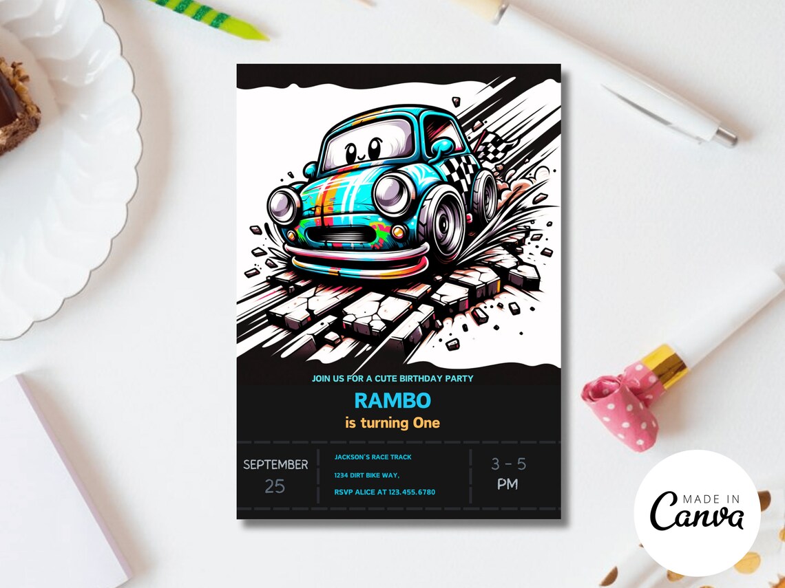 Editable Car Birthday Invitation Cute Mini Car Invite Transportation ...