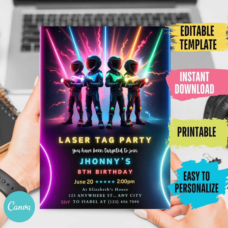 Laser Tag Birthday Invitation, Neon Glow Party (editable, Instant ...