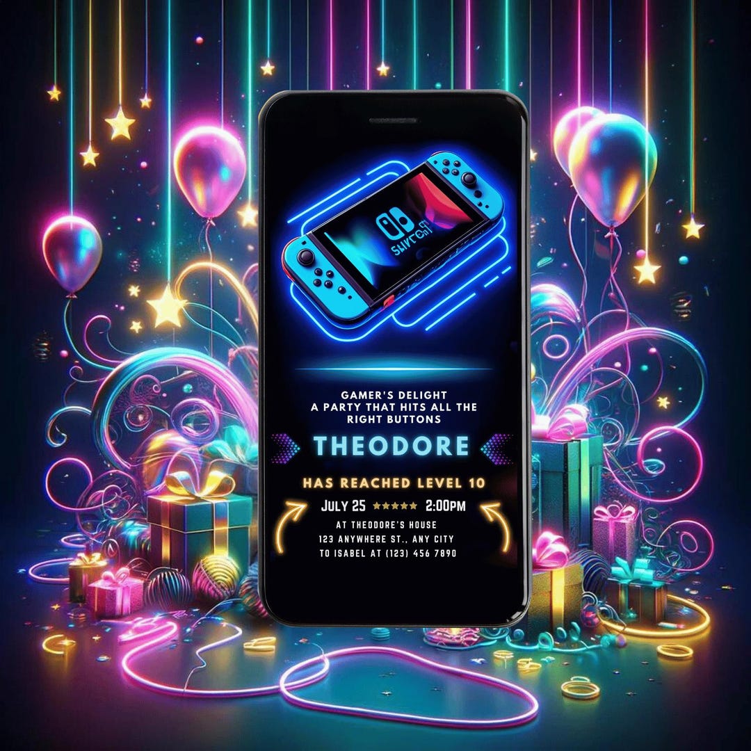Neon Video Game Birthday Invitation, Editable Gamer Party Mobile ...