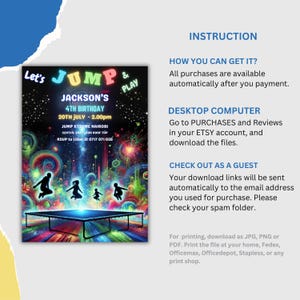 Editable Jump Birthday Party Invitation, Glow Trampoline Party Invite ...
