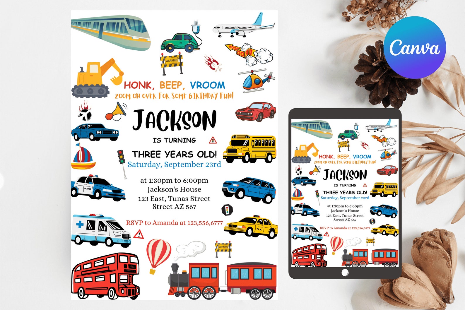 Transportation Birthday Invitation, Truck Car Theme (digital Download ...