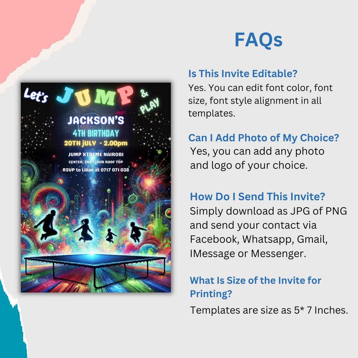 Editable Jump Birthday Party Invitation, Glow Trampoline Party Invite ...