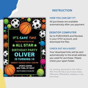 All Star Sports Birthday Invitation, Sports Game Party Invite, Football ...