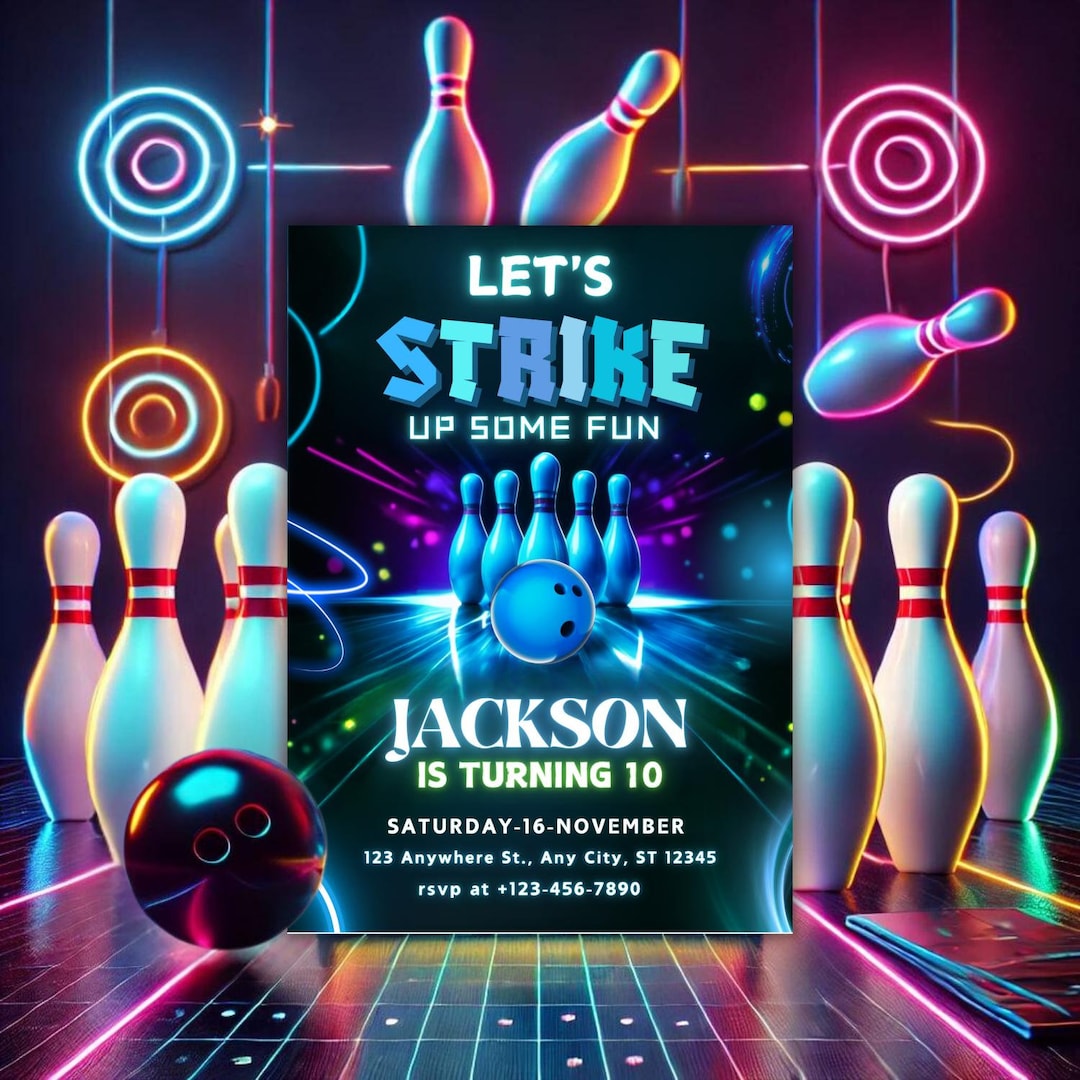 Bowling Invitation Glow Bowling Birthday Invitation Neon Bowling Invite ...