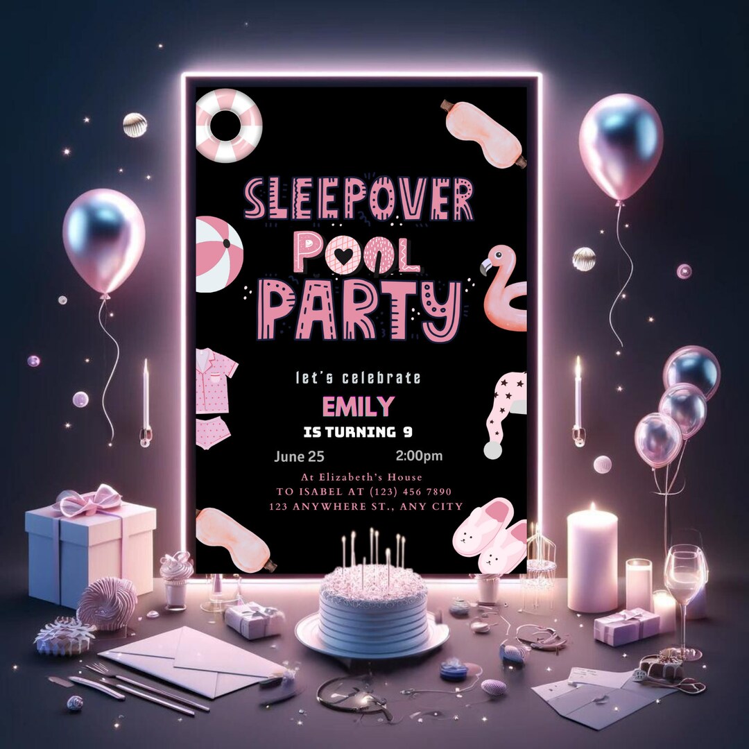 Sleepover Pool Party Birthday Invitation, EDITABLE Pool Party Template ...