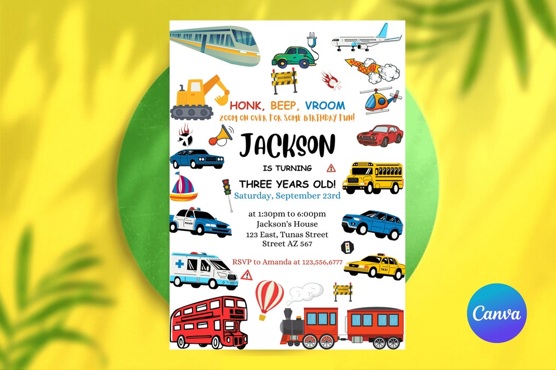Editable Transportation Birthday Invitation Digital Truck Car Evite ...
