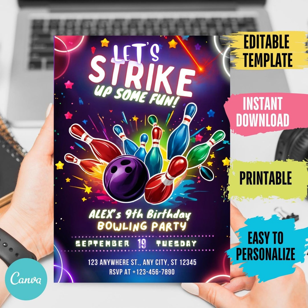 Editable Bowling Birthday Invitation, Glow Bowling Invitation, Neon ...