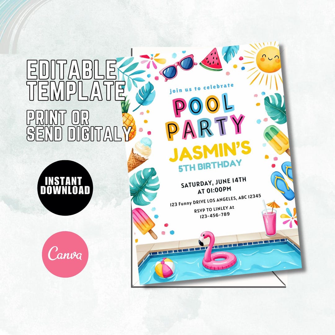 Editable Pool Birthday Invite, Pool Party Invitation, Printable Summer ...