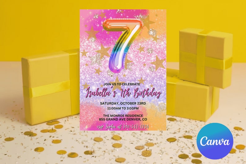 Editable Pink 7th Birthday Invitation Template Glitter Birthday Invite ...