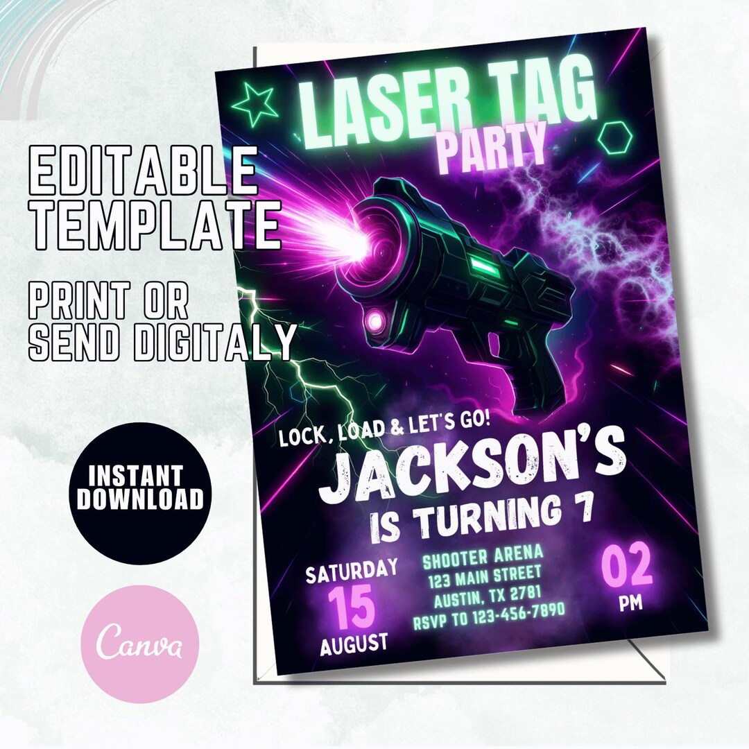 Editable Neon Laser Tag Birthday Invitation (canva, Digital Download ...