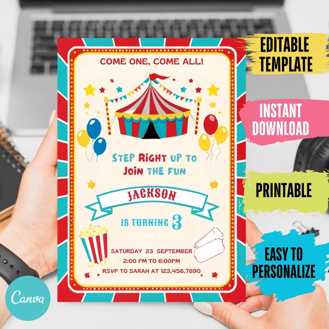 Editable Carnival Birthday Invitation, Circus Birthday Party Invite Carnival Invitation Circus ...