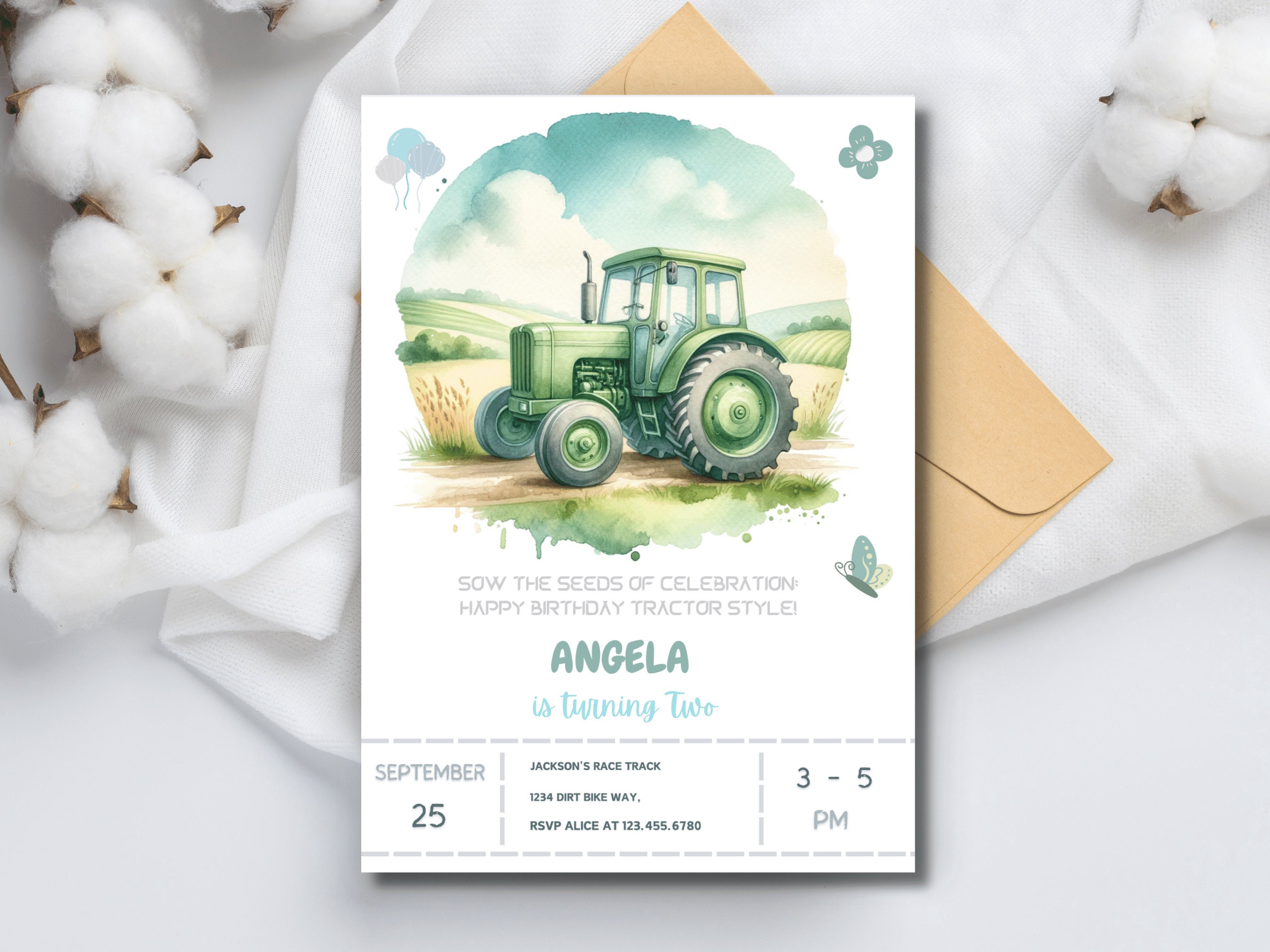 Editable Tractor Birthday Invitation, Green Tractor Invitation, Tractor ...