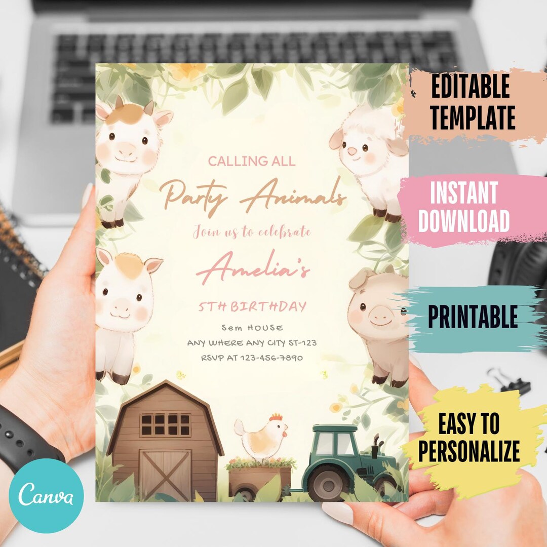 Editable Barn Animals Birthday Invitation Barnyard Animals Birthday ...