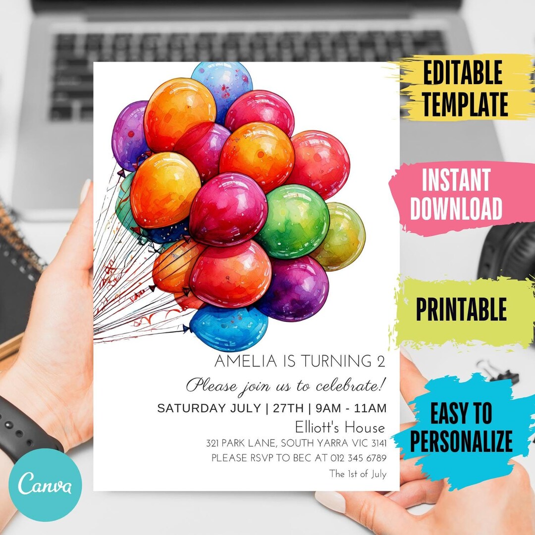 Watercolor Balloon Invitation Template Rainbow Balloons Birthday Invite ...