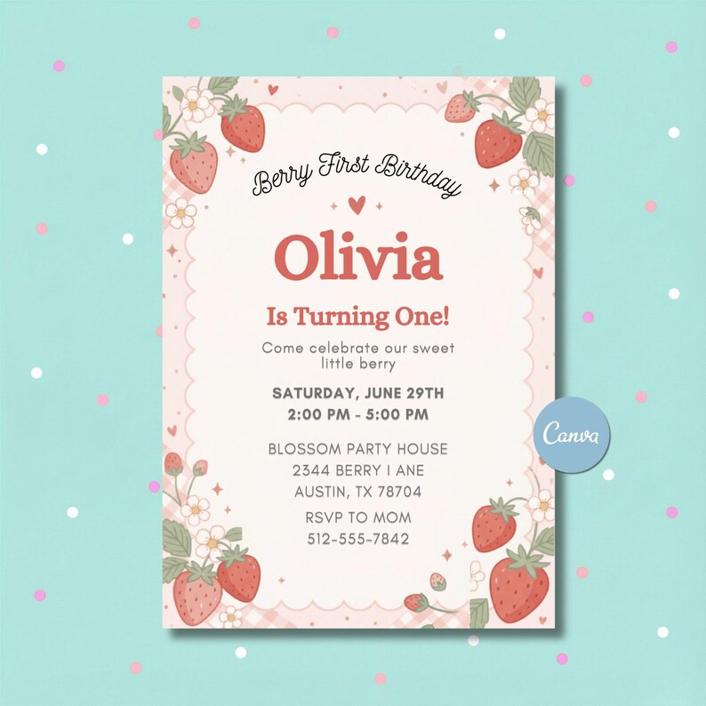 Strawberry Birthday Invitation, Berry Sweet Summer Party Invite, Cute ...