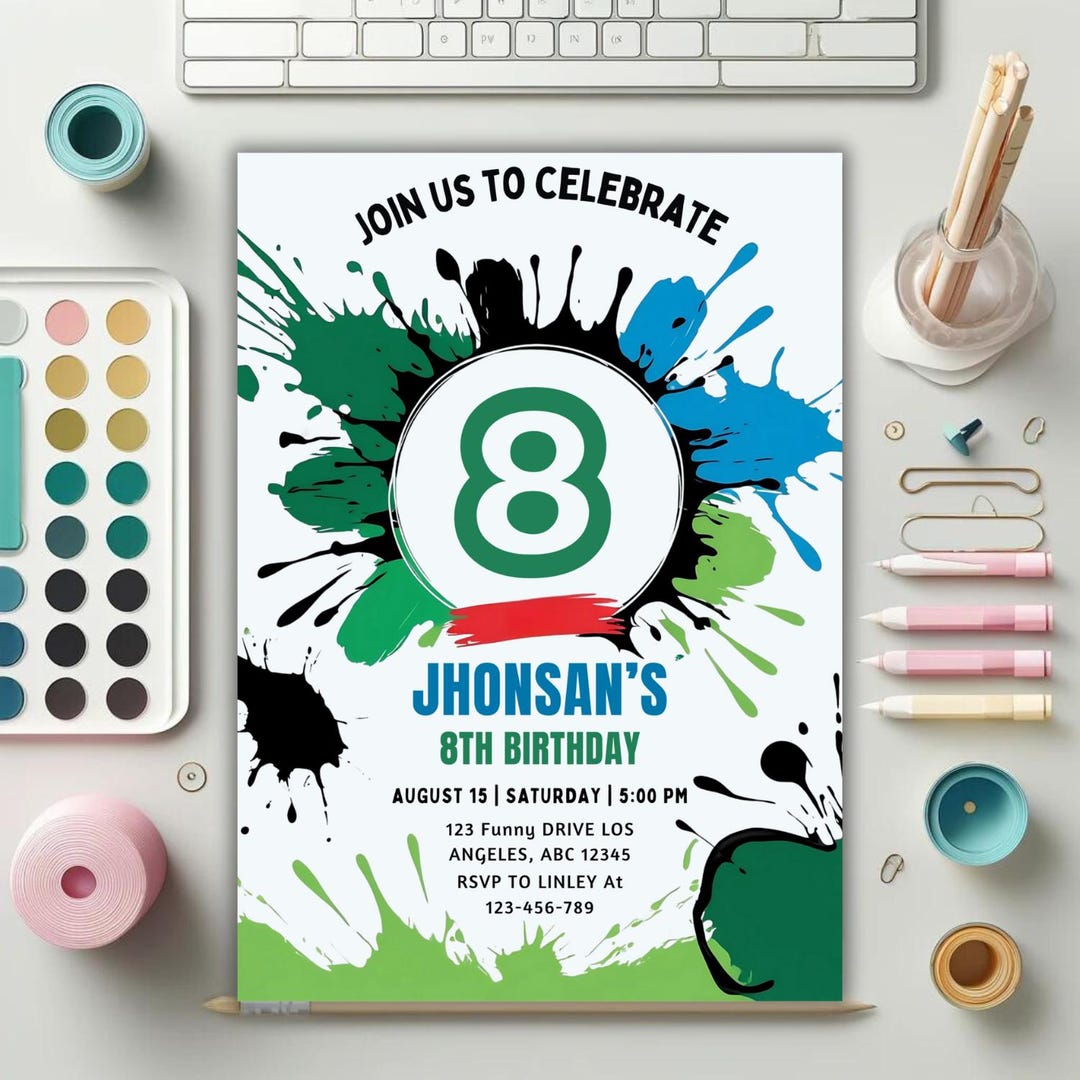 8th Birthday Invitation, Green Paint Splatter, Editable Template ...