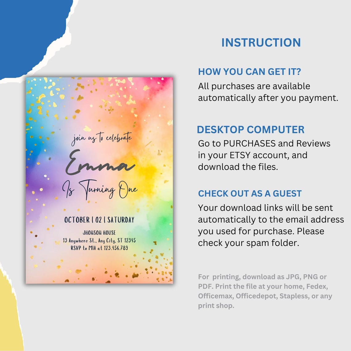Pastel Rainbow Birthday Invitation, Gold Glitter Sprinkles (digital ...