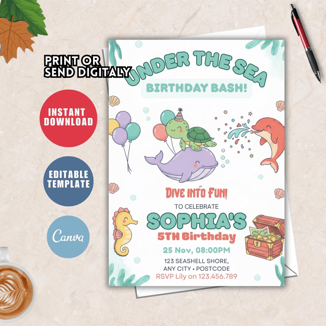 Under the Sea Birthday Invitation, Editable Ocean Animals Party Invite ...