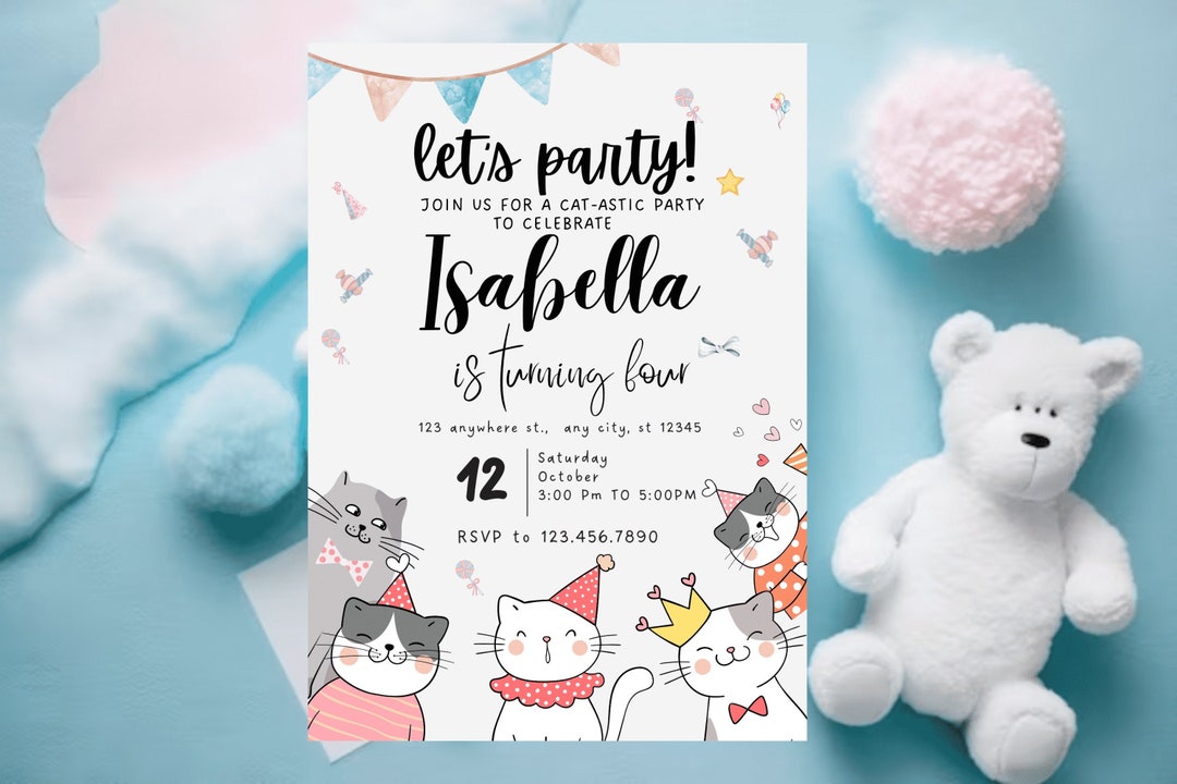 EDITABLE Cat Birthday Invitation, Cat Theme Birthday Invitation, Cat ...