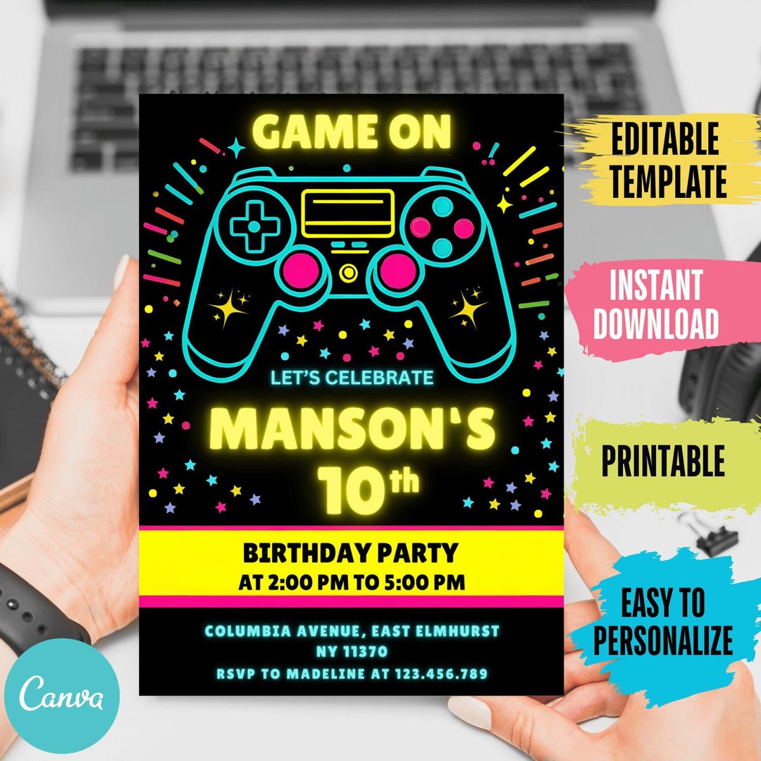 Editable Video Game Birthday Invitation, Video Game Invite, Neon Game ...