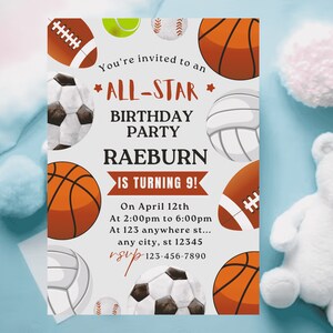 Editable All Star Sports Birthday Invitation Game Birthday Invite ...