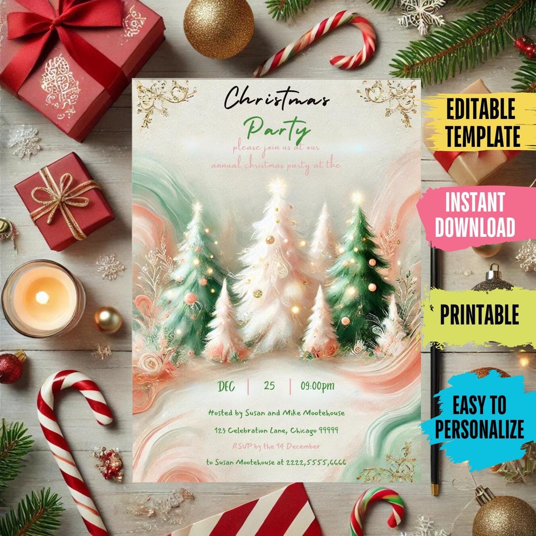 Editable Christmas Party Invitation, Christmas Trees Holiday Trees ...