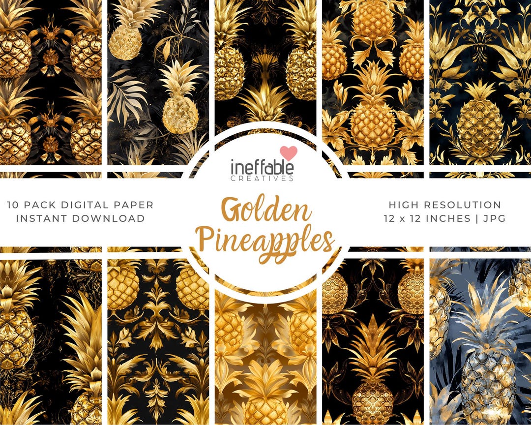 Golden Pineapple Digital Paper | Tropical Scrapbook Patterns (digital ...