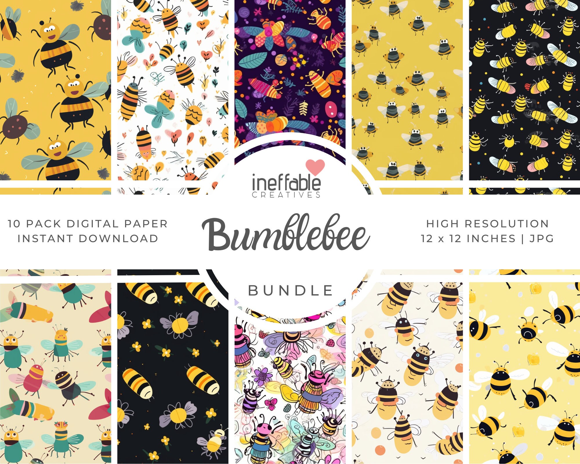 10 Seamless Bumblebee Themed Patterns | Digital Paper Scrapbook ...