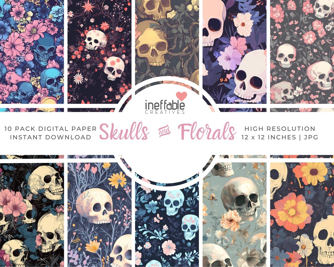 Skulls and Florals Themed Patterns | Digital Paper Scrapbook Patterns ...