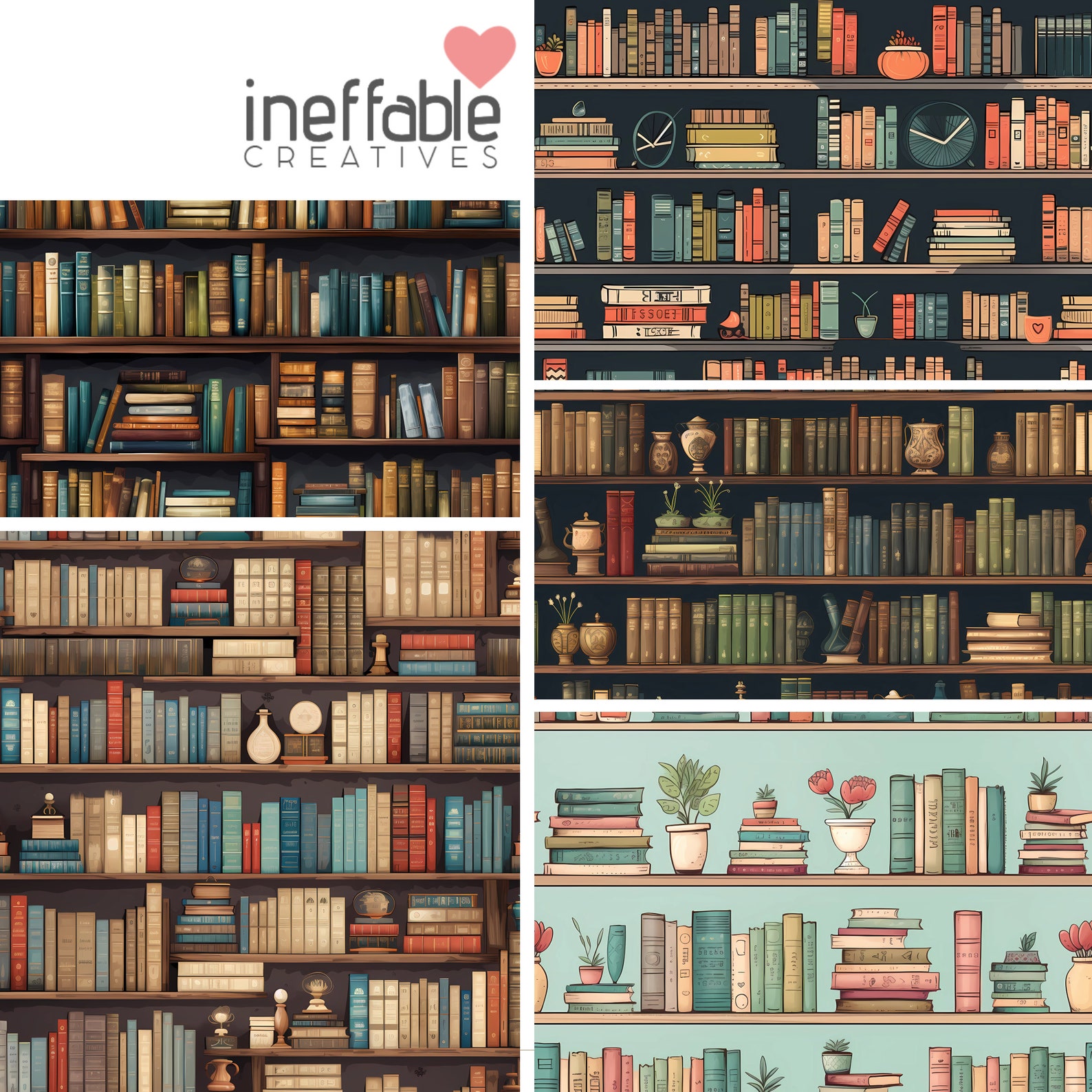 10 Seamless Book Shelf Patterns | Digital Paper Scrapbook Patterns ...