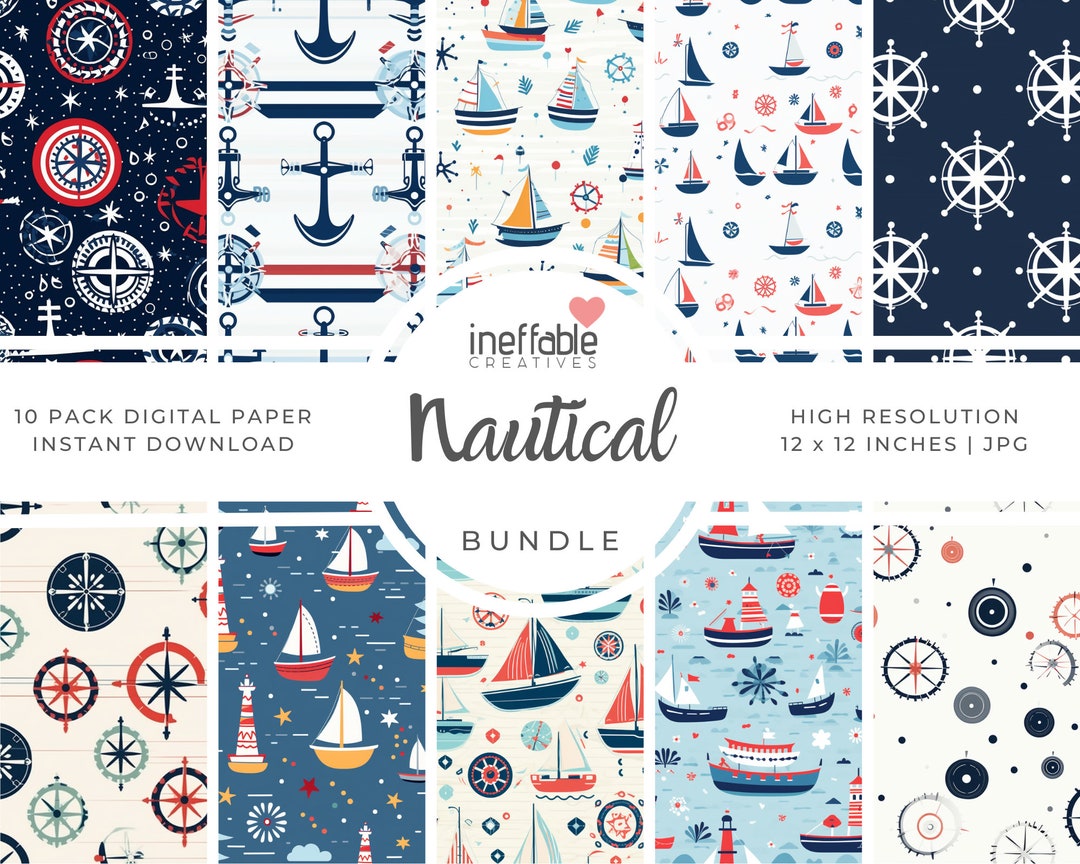 10 Seamless Nautical Themed Patterns | Digital Paper Scrapbook Patterns ...