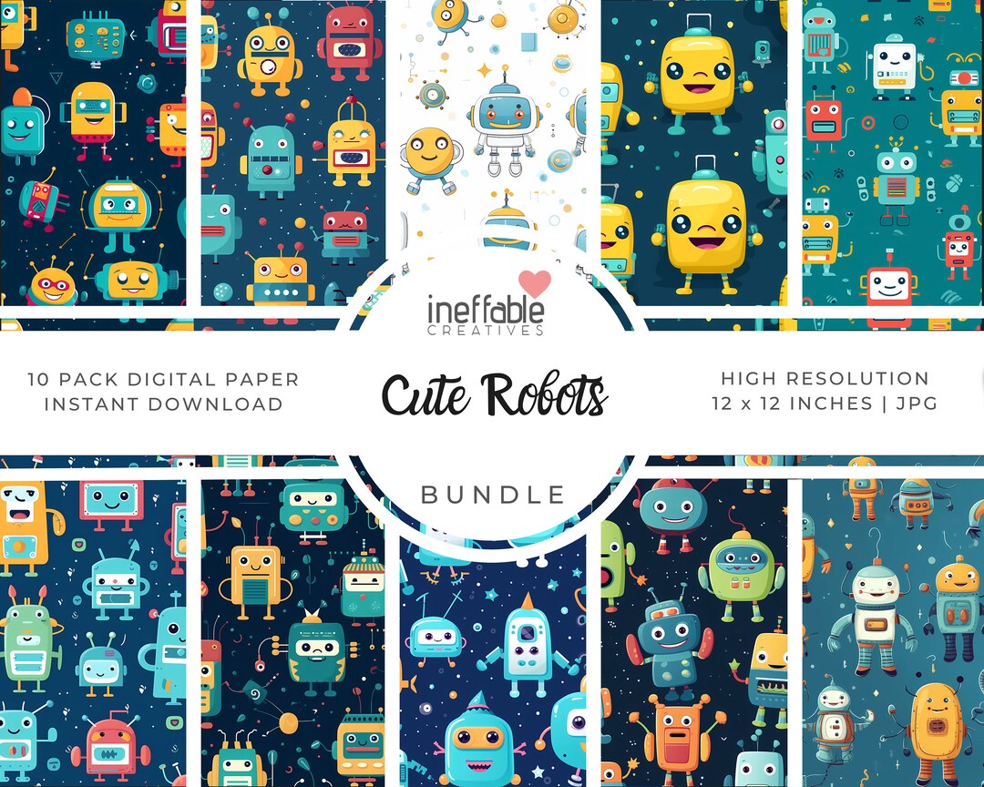 10 Seamless Cute Robots Patterns | Digital Paper Scrapbook Patterns ...
