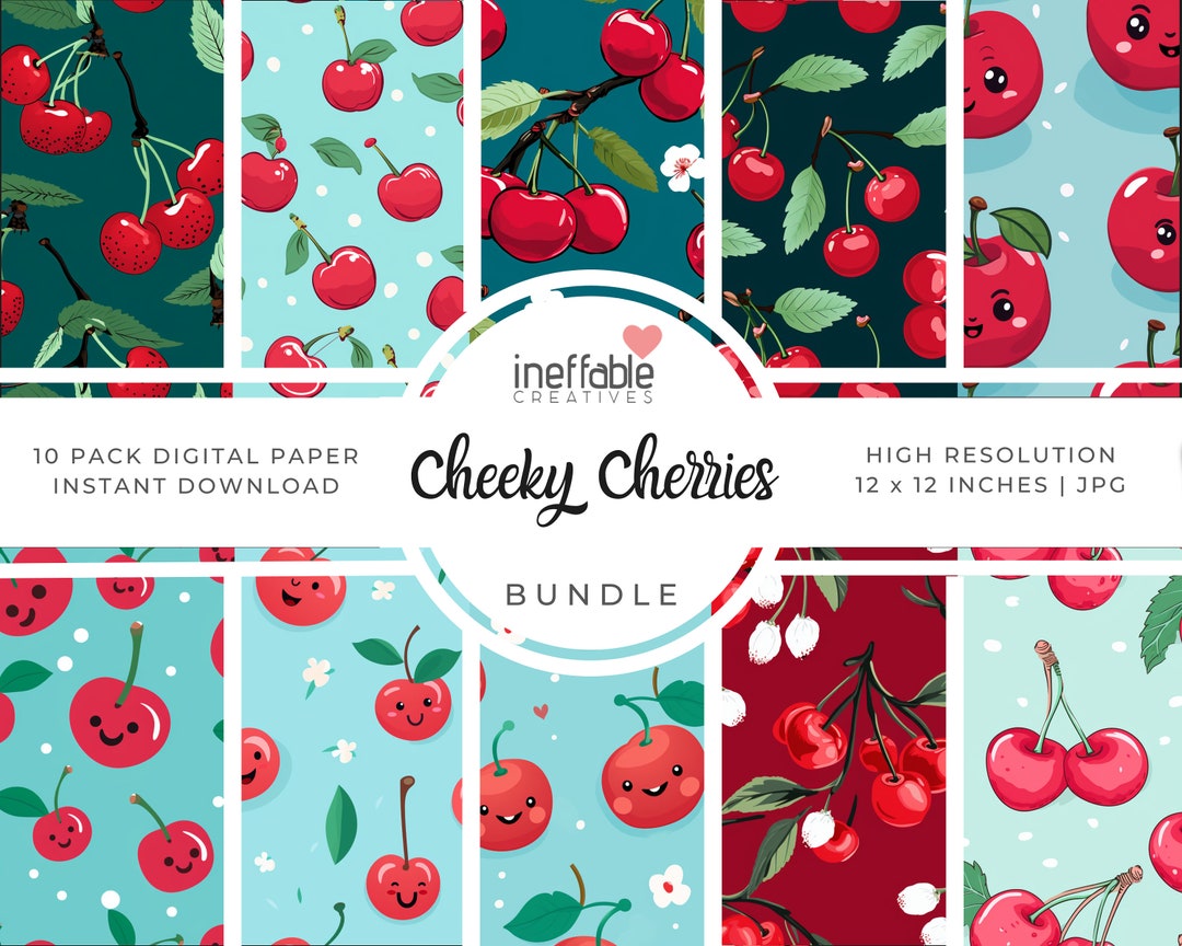 10 Seamless Cheeky Cherries Themed Patterns | Digital Paper Scrapbook ...