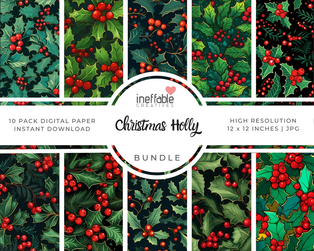 10 Seamless Christmas Holly Patterns | Digital Paper Scrapbook Patterns ...