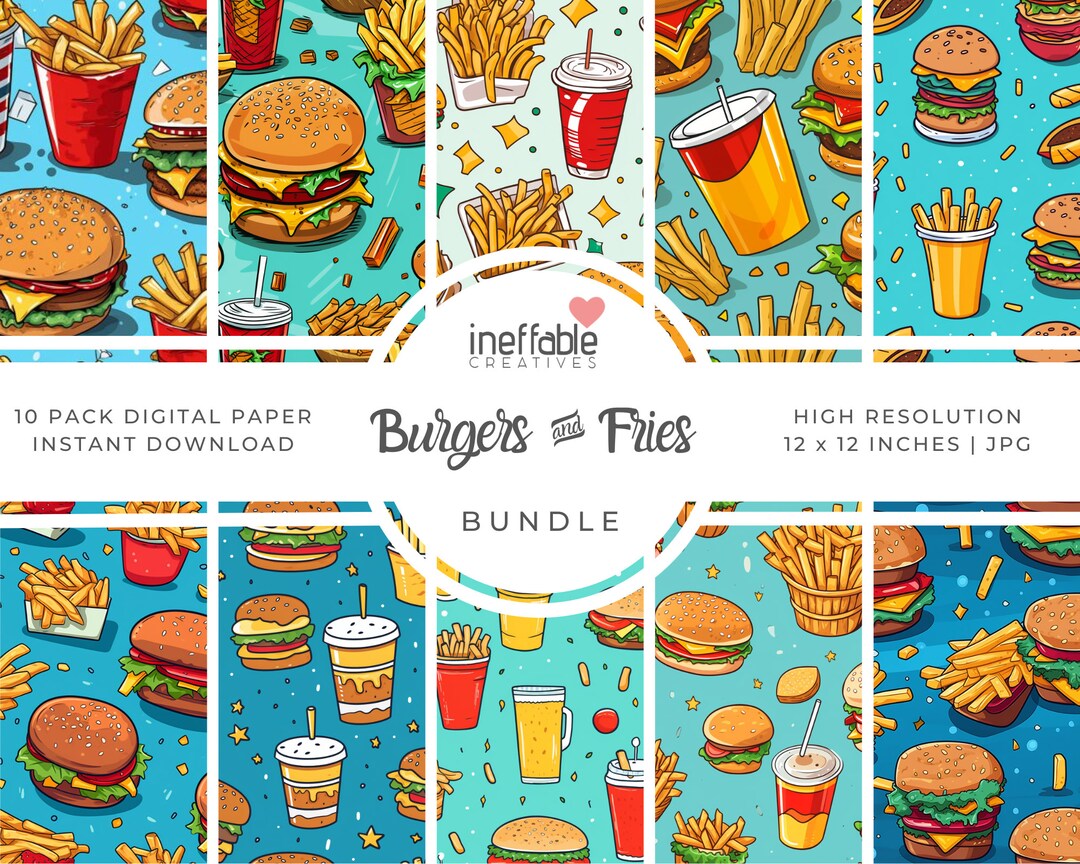 10 Seamless Burgers & Fries Themed Pattern | Digital Paper Scrapbook ...