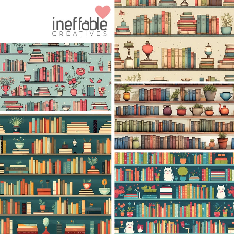 10 Seamless Book Shelf Patterns | Digital Paper Scrapbook Patterns ...