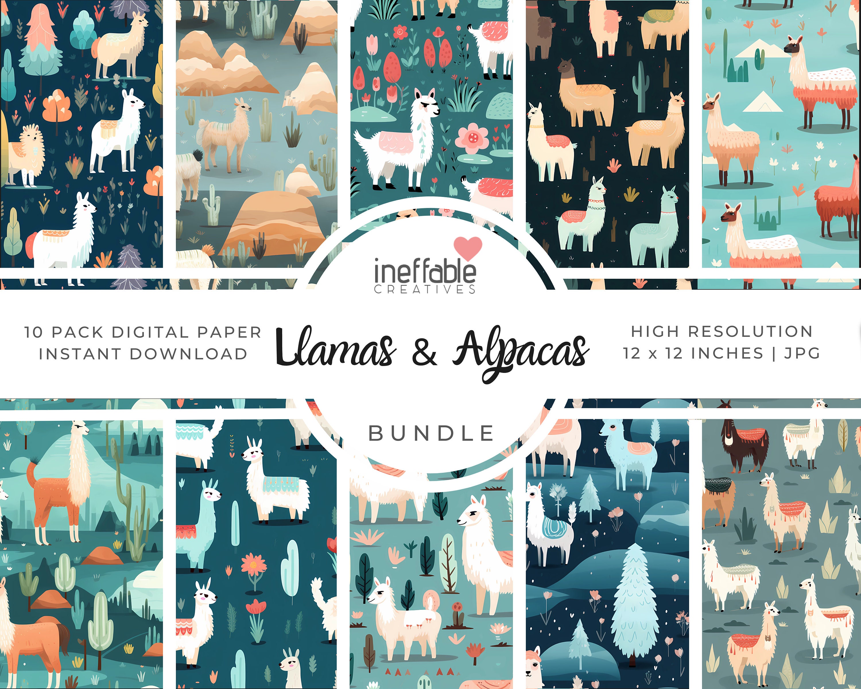 10 Seamless Llamas & Alpacas Patterns | Digital Paper Scrapbook ...
