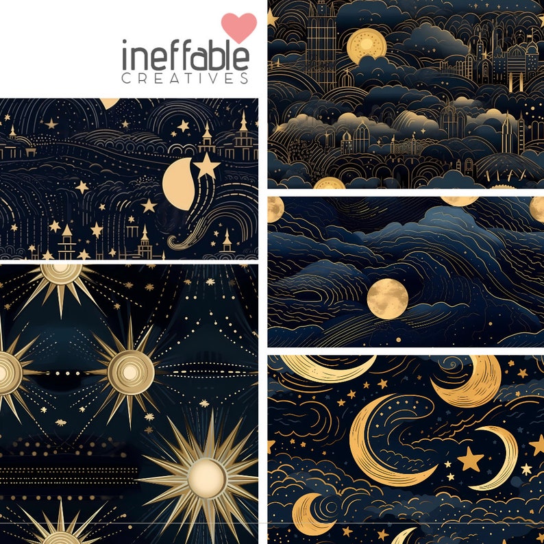 10 Seamless Midnight Sky Bliss Themed Patterns Digital Paper, Scrapbook ...